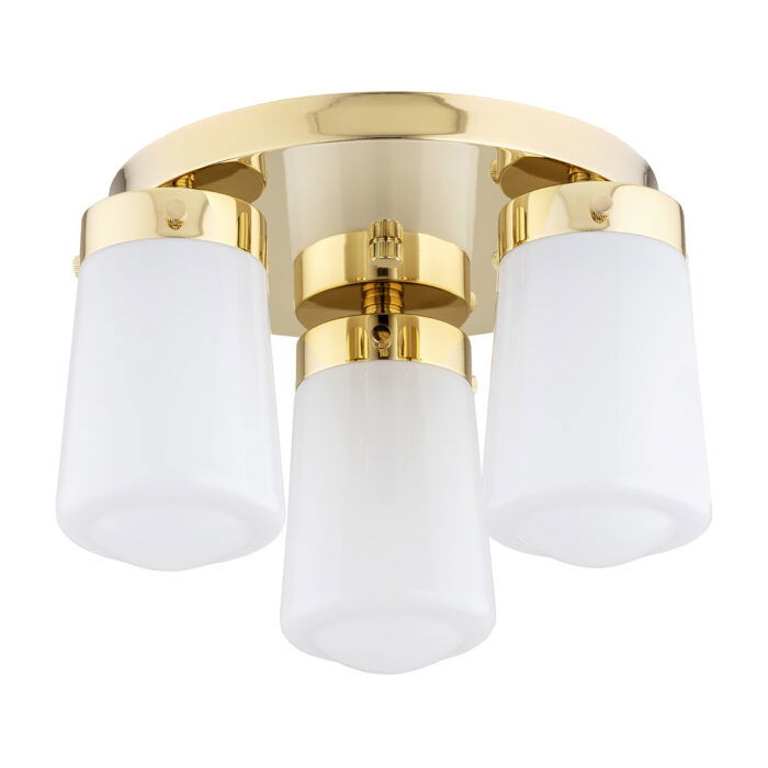 Adena IP44 Brass Ceiling Light, Opal White Shades, 3 Light, 36cm Width ...